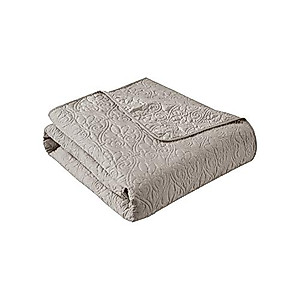 Madison Park Madison Park Luxe Quilted Throw Blanket - Damask Stitching Design, Cotton Filled Spread, Ultra Soft, Cozy Bedding for Living Room Couch, Sofa, Bed, 60x70", Piping Borders Khaki