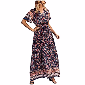 WYTong Women’s Dresses Summer Casual Dress Sexy V Neck Short Sleeves Floral Flowy Pleated Beach Maxi Dress(Navy,Small)