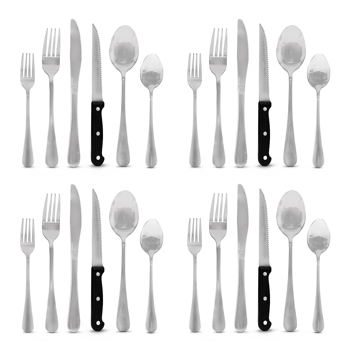 24 Piece Flatware Set Stainless Steel Flatware Set Fork Spoon Knife Steak Knife Cutlery Set for 4 People Dishwasher Safe (24 Pieces)