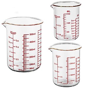 3 Piece Glass Measuring Cup Set, Includes 1/2-Cup, 1-Cup, and 2-Cup High Borosilicate Glasss Liquid Measuring Cups, Dishwasher, Freezer, Microwave, and Preheated Oven Safe, Essential Kitchen Tools
