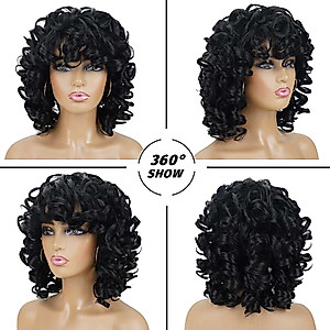 andromeda Curly Wigs for Black Women Soft Short Curly Wig with Bangs Afro Loose Curls Heat Resistant Synthetic Wig for African American Women (Black)