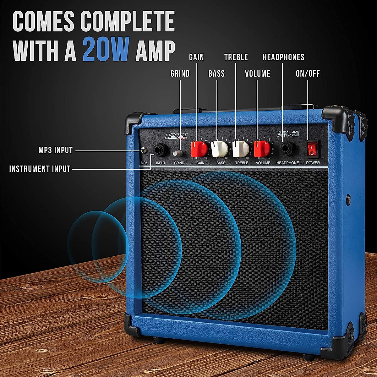 LyxPro Full Size Electric Guitar Blue with 20w Amp Package with All Accessories, Mackie Producer 2-2 Audio/Midi interface With Music Production Software Download and Professional Headphones