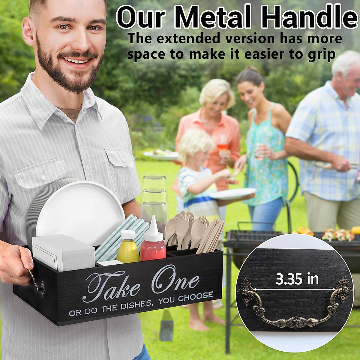 Paper Plate Holder for Kitchen Counter, Paper Plate Holders Utensil Caddy Organizer, Wood Disposable Paper Plate Dispenser for Cup, Plate, Fork, Spoon, Napkin, Silverware Holder for Party, Picnic