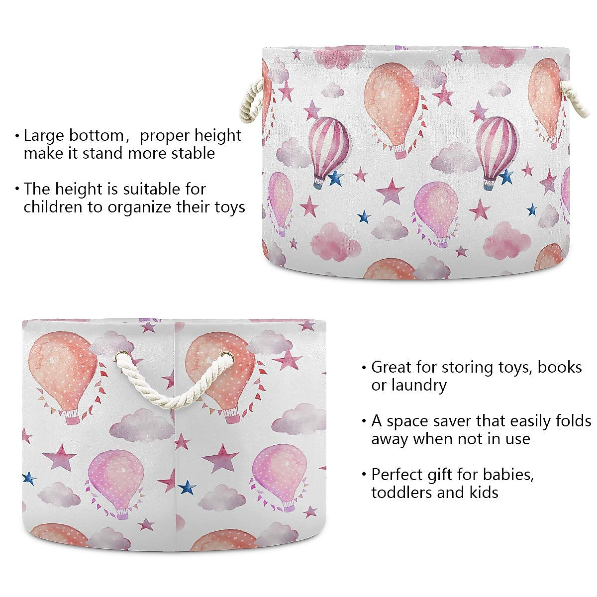 Laundry Basket 50L Waterproof Storage Collapsible Hamper Toy Basket Canvas Organizer Basket with Handles for Bedroom Baby Nursery Clothes-Air Ballon