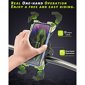 IPOW Bike Phone Holder, Adjustable Motorcycle Phone Mount, 2023 Upgraded Motorcycle Handlebar Phone Clamp, Scooter Phone Clip Compatible with iPhone 14 Plus/Pro Max, 13 Pro Max, S23, S22, Green