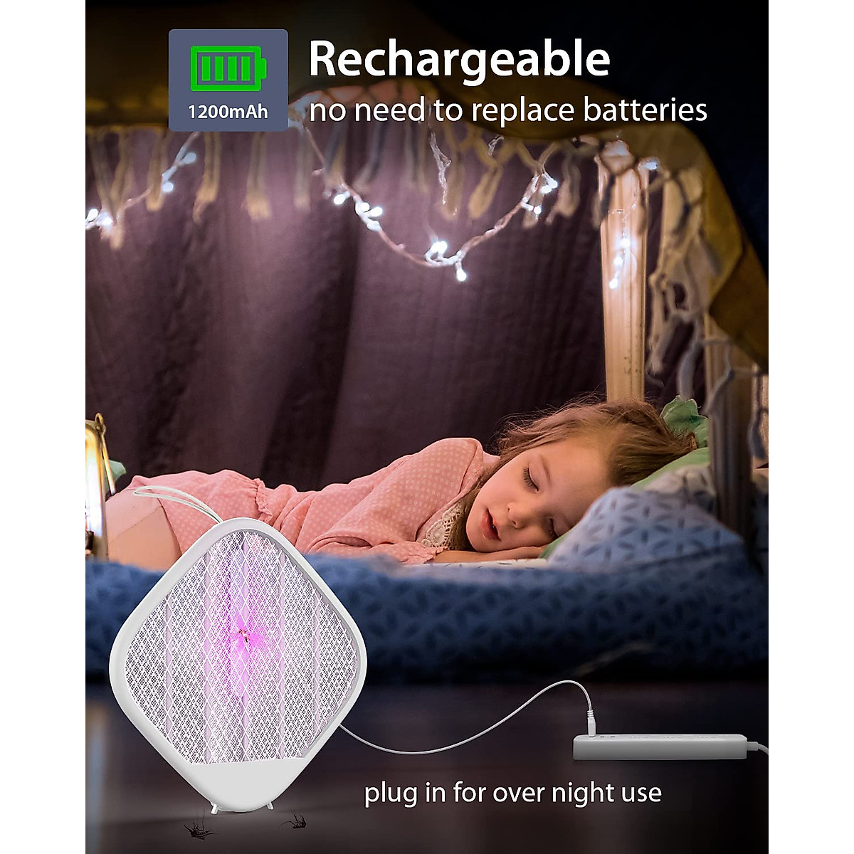 Electric Fly Swatter Foldable, Powerful 4000V Bug Zapper Racket, Mosquito Killer w/Purple Light, Rechargeable 1200mAh Insect Killer, 3-Layer Safe Design, Hanging Standing Portable for Indoor Outdoor