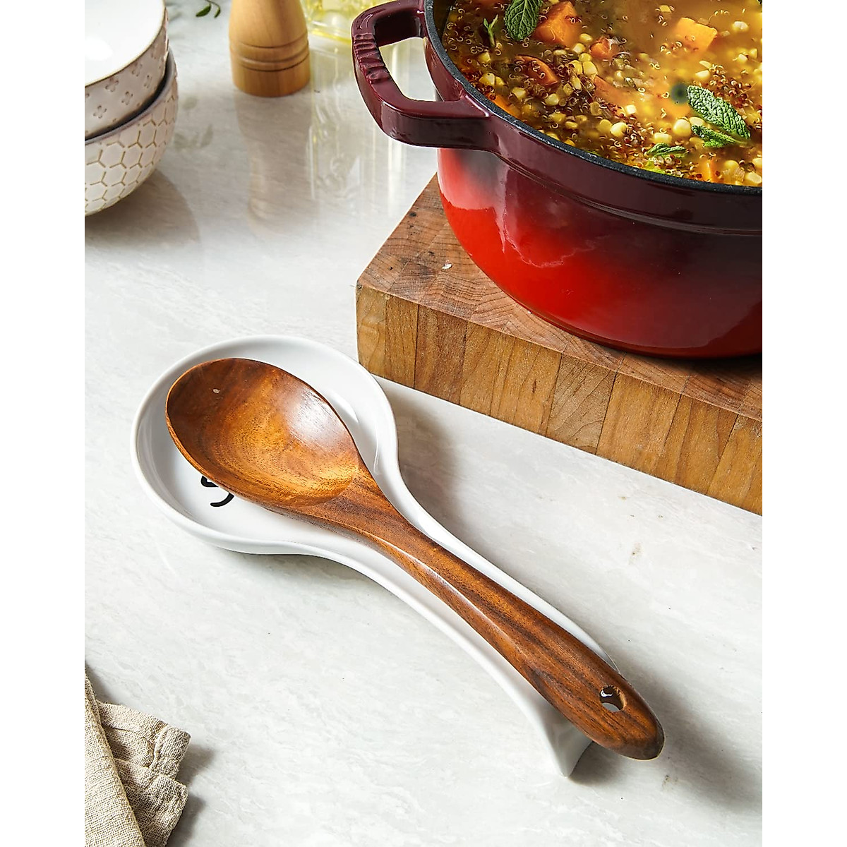 LE TAUCI Spoon Rest, Ceramic Spoon Rest for Stove Top, Spoon Rest for Kitchen Counter, Modern Farmhouse Kitchen Spoon Holder, Heat-Resistant Cooking Utensil Rest, Set of 2, White