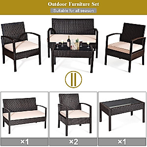 DORTALA 4 Piece Wicker Patio Furniture Set, Outdoor PE Rattan Conversation Set with Loveseat, Chairs & Coffee Table for Backyard Porch Garden Poolside Balcony