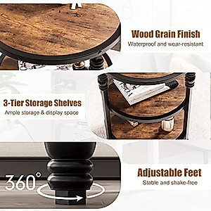 IDEALHOUSE Round End Table, Small Side Table with 3 Shelves for Living Room, Bedroom, Night Stand Accent Coffee Table with Steel Frame for Small Spaces, Rustic Brown