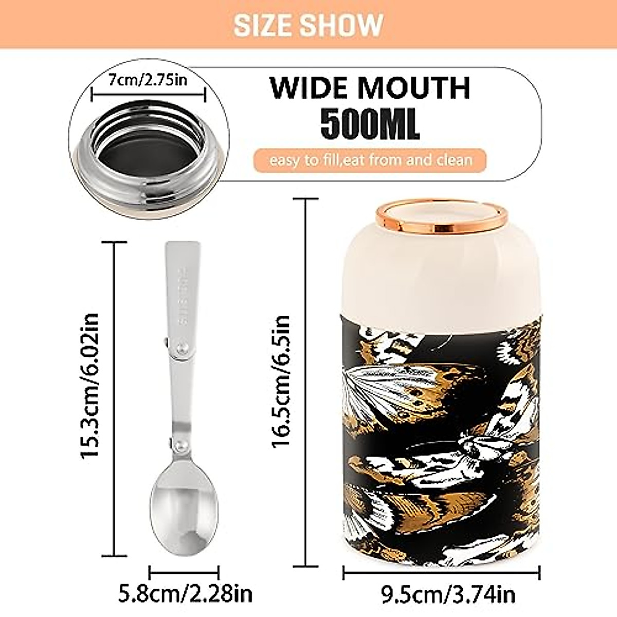 CUPADA Leopard Butterfly Food Jar for Hot and Cold, Skin Pattern Insulated Food Jars Vacuum 17OZ with Folding Spoon for Work Trip Picnic Camping