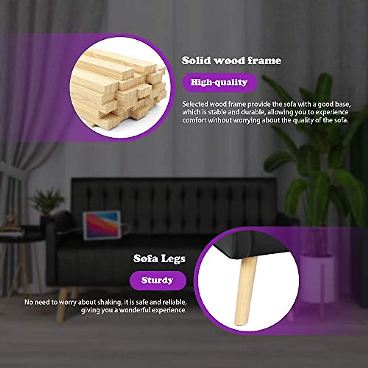 TYBOATLE 57" W Modern Striped PU Leather Loveseat Sofa w/ 2 USB Charging Ports, Mid Century Couch for Small Space Configuration, Living Room, Office, Apartment, Dorm, Black