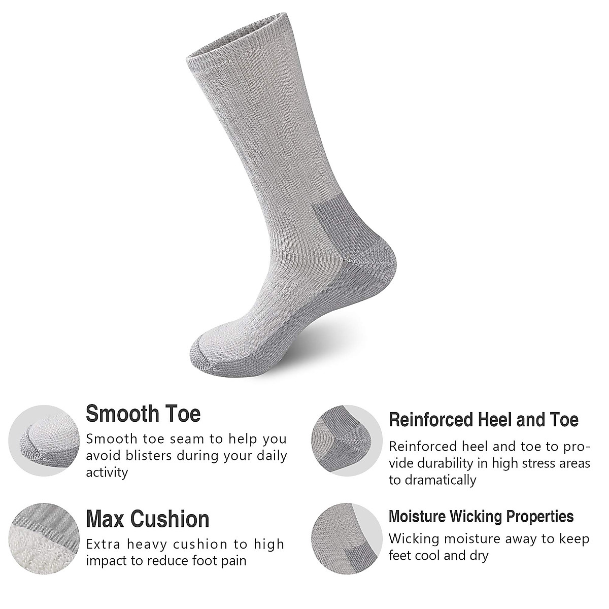 GKX Men's Merino Wool Moisture Wicking Themal Outdoor Hiking Work Boot Heavy Cushion Crew Socks(Grey)