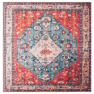 SAFAVIEH Tucson Collection Area Rug - 4' Square, Beige & Blue, Persian Medallion Design, Non-Shedding Machine Washable & Slip Resistant Ideal for High Traffic Areas in Living Room, Bedroom (TSN104B)