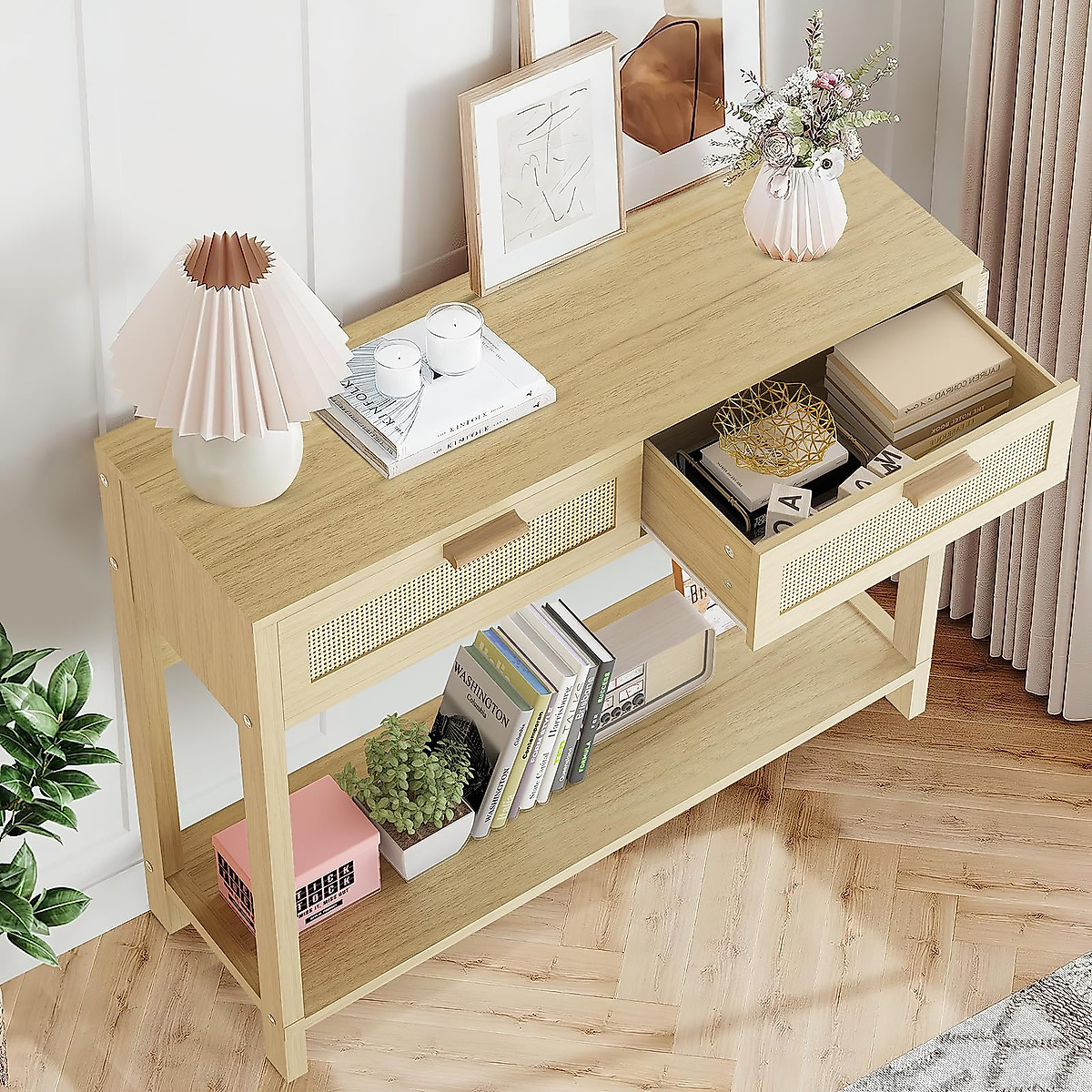 AWQM Rattan Console Table, Narrow Long Entryway Table with 2 Drawer, Modern Sofa Table with Open Shelf, Hallway Table for Living Room, Foyer, Bedroom, Oak