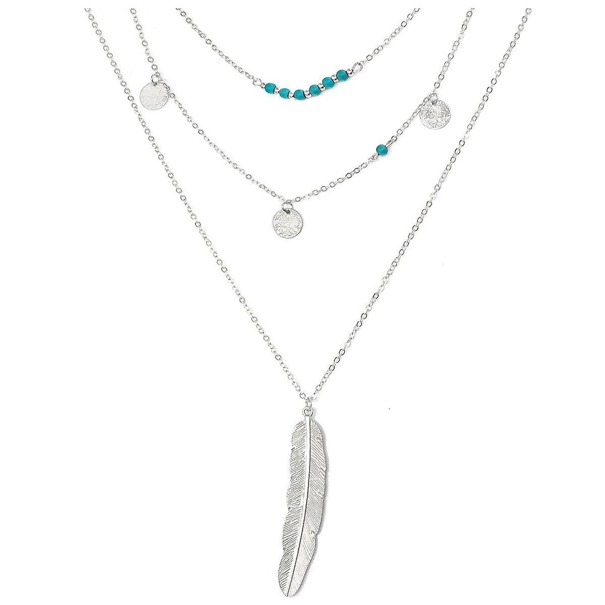 Suyi Exquisite Sequins Multilayer Chain Turquoise Beads Necklace with Feather Pendent Silver