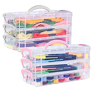 Anstore Storage Bins with Lids, 2 x 3 Tier Stackable Clear Plastic Storage Bins, Storage Container with Handle for Home, Office Supplies and Craft organization and Storage(Pink&Grey)