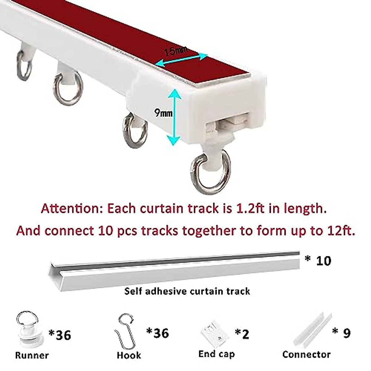 Self Adhesive Ceiling & Wall Curtain Track for Windows 12ft, No Drilling, Screws or Tools Curtain Rail for Bedroom, Shower, Closet and RV - Easy to Install Curtain Rod with Curtain Clips