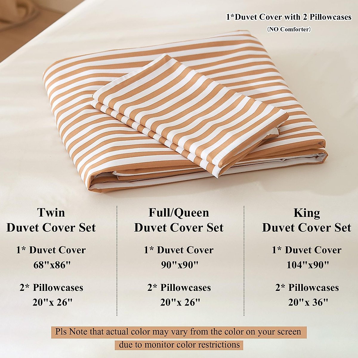 EAVD Duvet Cover Queen White and Khaki Striped Duvet Cover Soft Microfiber Modern Striped Gemetric Pattern Bedding Set with 2 Pillowcases Reversible Striped Comforter Cover with Zipper Closure