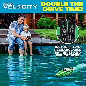 Force1 Velocity Green Fast RC Boat- Remote Control Boats for Adults and Kids, Underwater Speed Racing Mini RC Toy for Pools and Lakes, 2.4GHZ Transmitter, 2 Rechargeable Batteries, Low Battery Alert