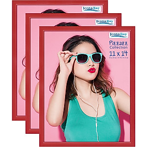 Icona Bay 11x14 Picture Frames (Red, 3 Pack), Colored Solid Wood Scandinavian Style Frames for Photo, Pizzazz Collection