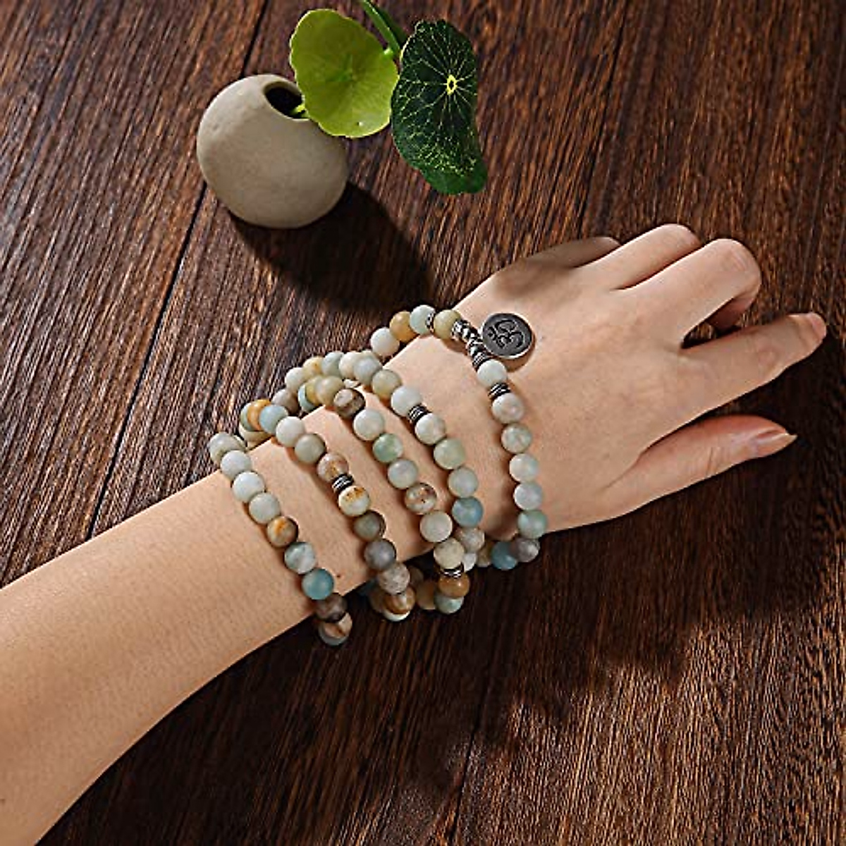 GVUSMIL 108 Mala Prayer Beads Matte Amazonite Wrap Bracelet OM Pendant Necklace for Meditation Rosary Yoga Healing
