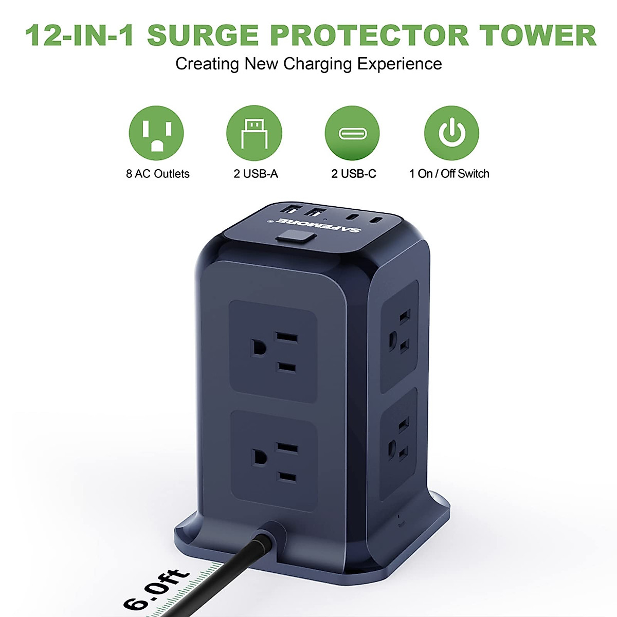 USB-C Power Strip Tower, SAFEMORE, Surge Protector 8 Outlets 4 USB Ports (4.8A), Fast Charging Station with 6.5ft Flat Plug Extension Cord for Indoor Home Office - Blue