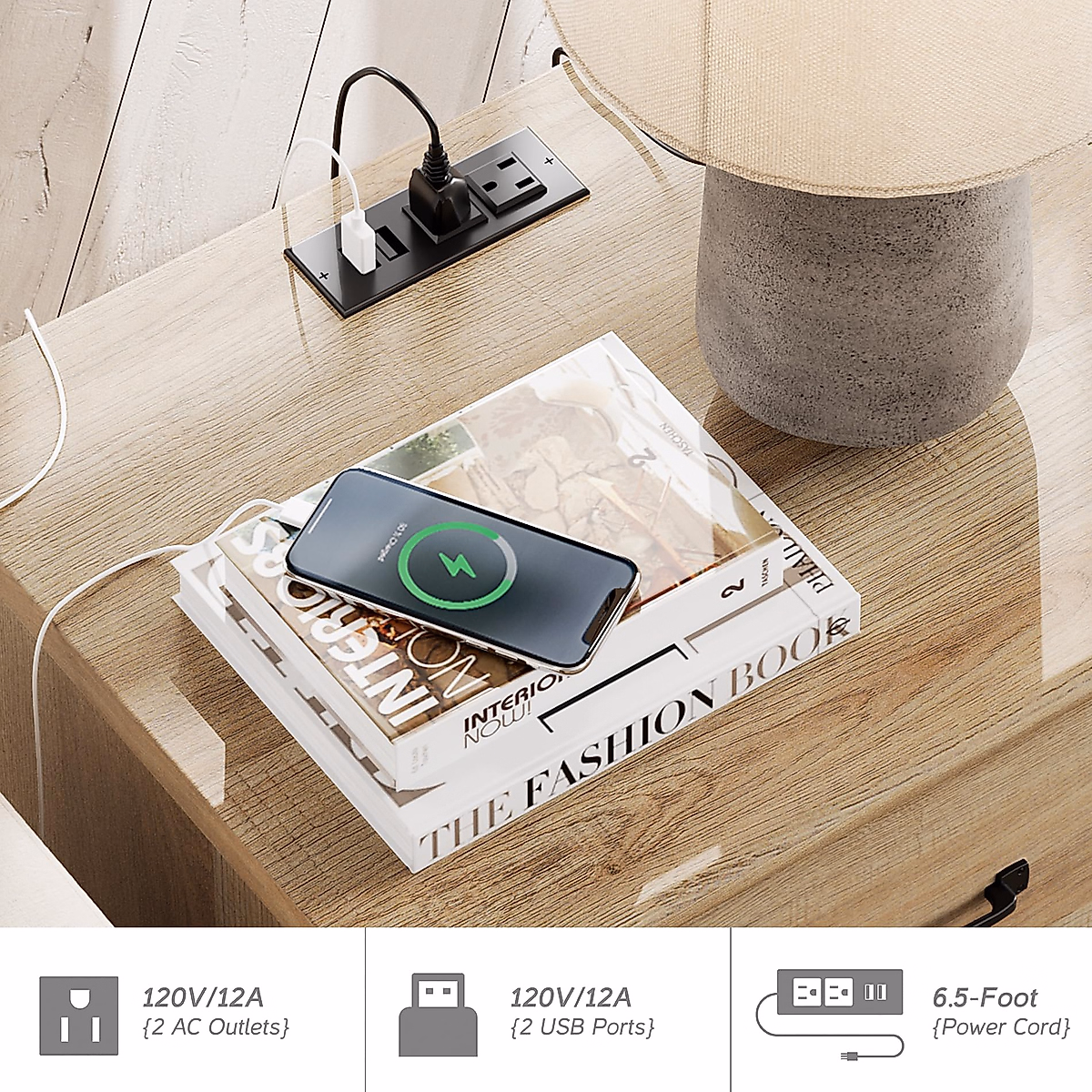 WAMPAT 3 Piece Dresser and Nightstand Sets, Farmhouse Dresser & Chest of Drawers with 5 Drawers & Metal Handle, Set of 2 Nightstands End Table with Charging Staion, 3 Piece Bedroom Set, Oak