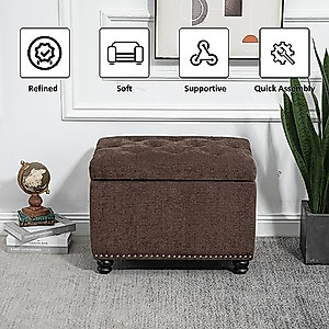 J.C.UP Upholstered Tufted Storage Ottoman, Storage Ottoman Footstool with Safety Hinge Button-Tufted Seat, Storage Bench for Bedroom Living Room Storage Toy Box(Brown-Fabric)