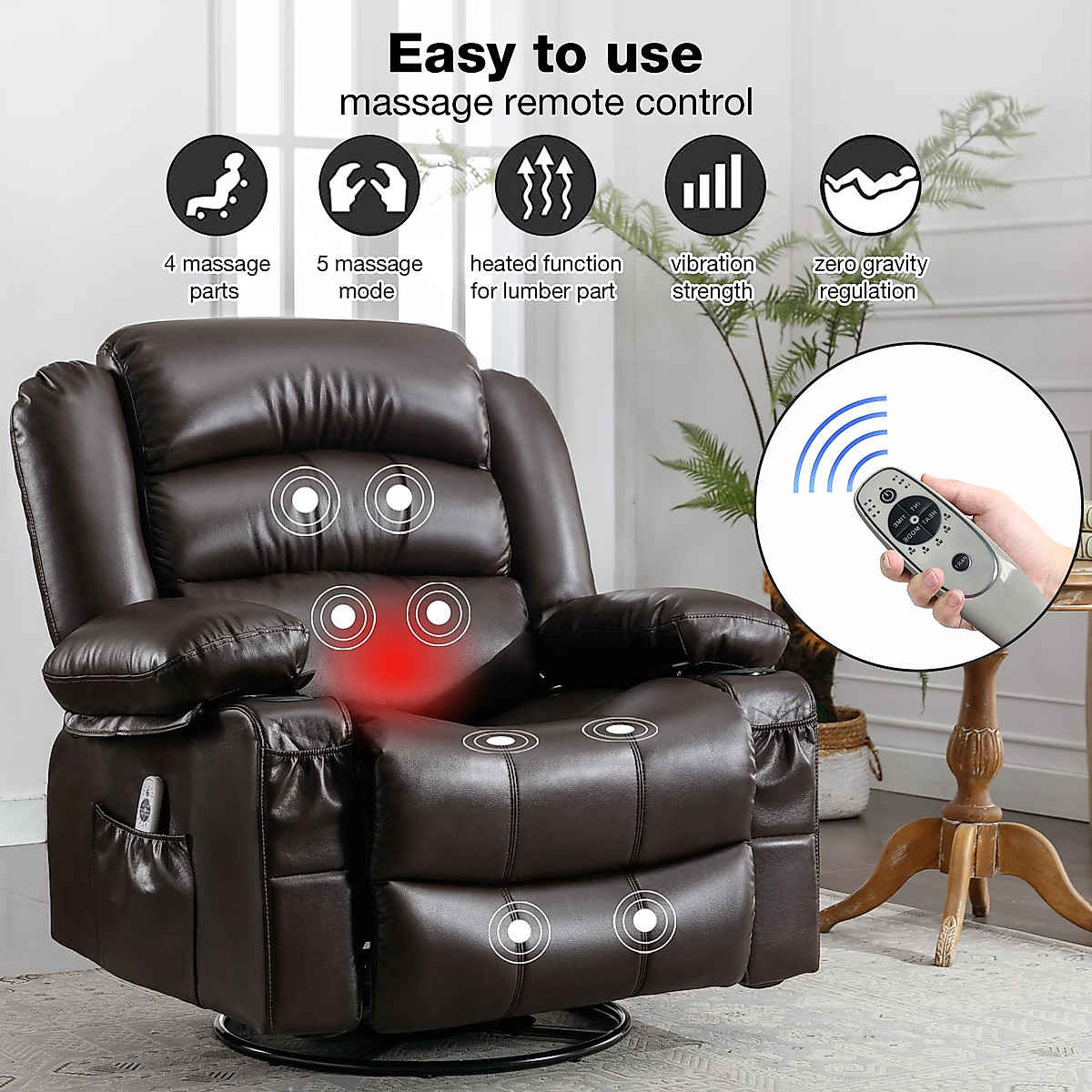 Etsaleruo Massage Swivel Rocker Recliner Chair, PU Leather Living Room Lounge Chair with Vibrating Massage and Heat, Multifunctional Lazy Sofa with Side Pockets 2 Cup Holders USB Charge Port, Brown
