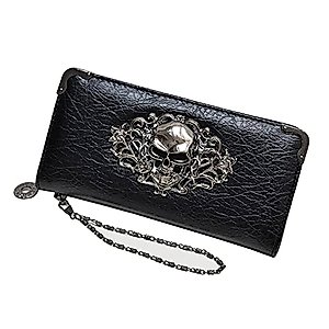 Downupdown Skull Wallets for Women Zipper Wallet Shiny Faux Leather Clutch Handbags Chian Wristlets Bag Card Pockets Long Cion Purse-Black