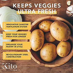 Kito LIVING Canister Sets For Kitchen Counter, 3 Piece Garlic Potato Onion Keeper Kitchen Canisters for Pantry Organization and Storage Bins with Wooden Bamboo Lids, Kitchen Organization (Cream)