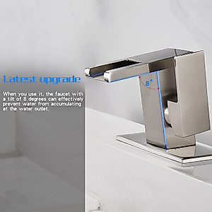 Skybathjoy LED Bathroom Sink Faucet Waterfall with Drian Assembly 1 Hole Brushed Nickel Single Hole Handle RV Bath Vanity Faucets for Sinks 1 Hole Water Supply Lines, Stainless Steel Spout