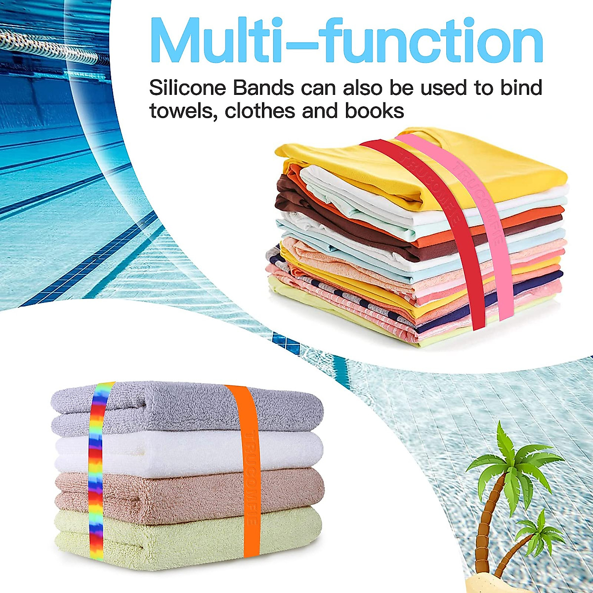 4 Pack Towel Bands for Beach, Pool & Cruise Chairs, Silicone-No Snapping in The Sun, Great Alternative for Beach Towel Clips (Red, Pink, Orange, Rainbow)