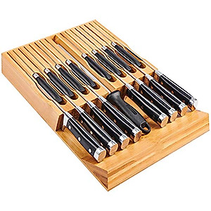 Utoplike In-Drawer Bamboo knife block, Drawer Knife Set Storage, Knife Organizer and Holder with Slots for 16 Knives and 1 Sharpening Steel (Not Included)-Kitchen Drawer, Counter Top