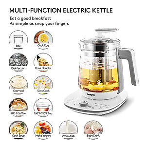 ICOOKPOT Programmable Electric Glass Kettle - 2 Liter Stainless Steel Tea Maker and Yogurt Maker with Tea Infuser, Egg Cooker and Temperature Control, WHITE