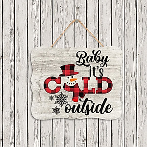 Baby It's Cold Outside Wood Sign Red Black Plaid Snowman Christmas Wooden Sign Christmas Sign Wall Hanging Plaque Holiday Home Decoration for Front Door Garden Porch Bedroom