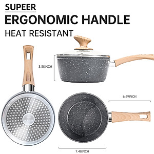 SUPEER 2-Quart Pot with Glass Lid&Wooden Handle,Soup Pan Milk Pan,Non-Stick Cookware for Electric,Induction and Gas Stoves.PFOA Free,Dark Gray