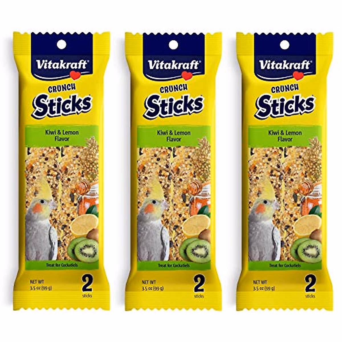 Vitakraft 3 Pack of Kiwi & Lemon Crunch Sticks for Cockatiels, 2 Sticks Each