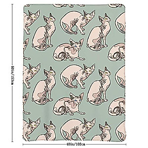 Hairless Naked Cats Sphynx Cats Mint Green Couch Blanket ,Fleece Throw Blanket Super Soft Warm Therma Plush Bed Couch Living Room