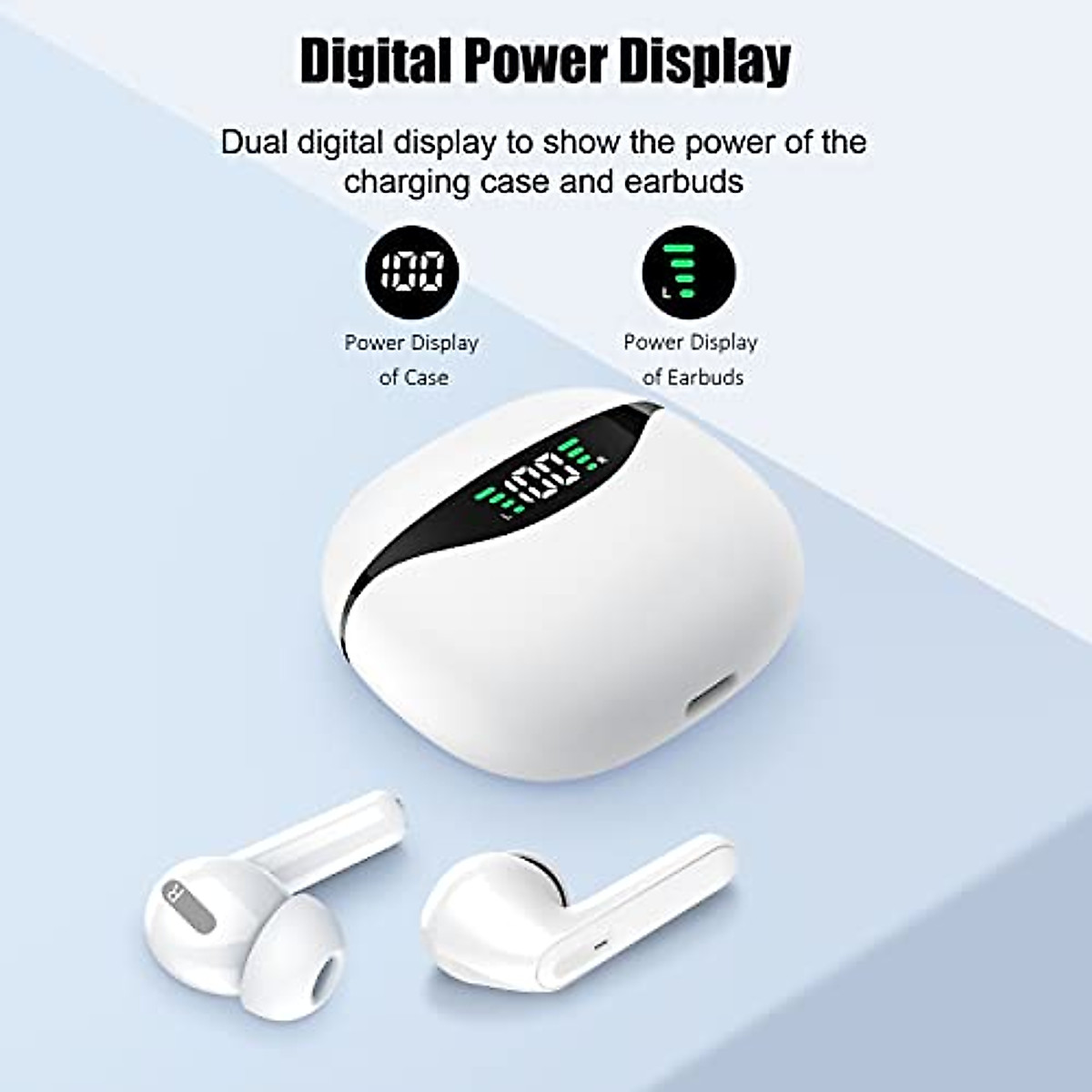 OGNILLE Wireless Earbuds Bluetooth 5.2 LED Power Display Headphones Touch Control Light-Weight ENC with USB Charging Case, Built-in Mic, 30hr Battery Earphones, Waterproof for Sport, White