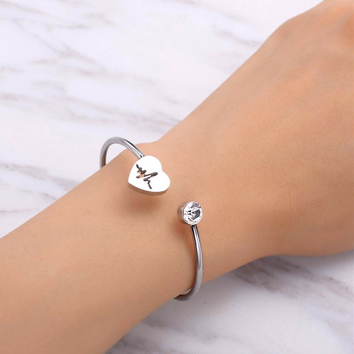 Jude Jewelers Stainless Steel Hear Shaped Open Cuff Statement Promise Anniversary Valentine Gift Bangle Bracelet (Silver)