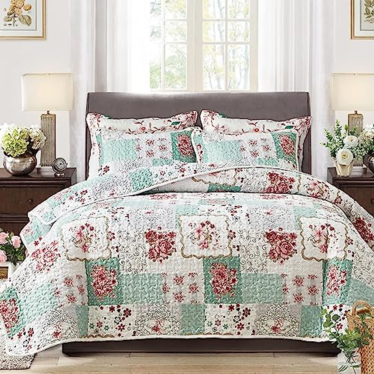 UOZZI BEDDING 3 Piece Floral Patchwork Quilt Set Queen Size White Green Lightweight Coverlet Bedspread with Red Flower Floral Plaid Patchwork Spring and Summer Quilt Set (1 Quilt+ 2 Shams)