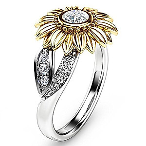 Baralonly Sunflower Rings for Women, 2021 Exquisite Women's Two Tone Silver Floral Ring Diamond Gold Sunflower Jewel Engagement Jewelry for Girlfriends Mother Gift