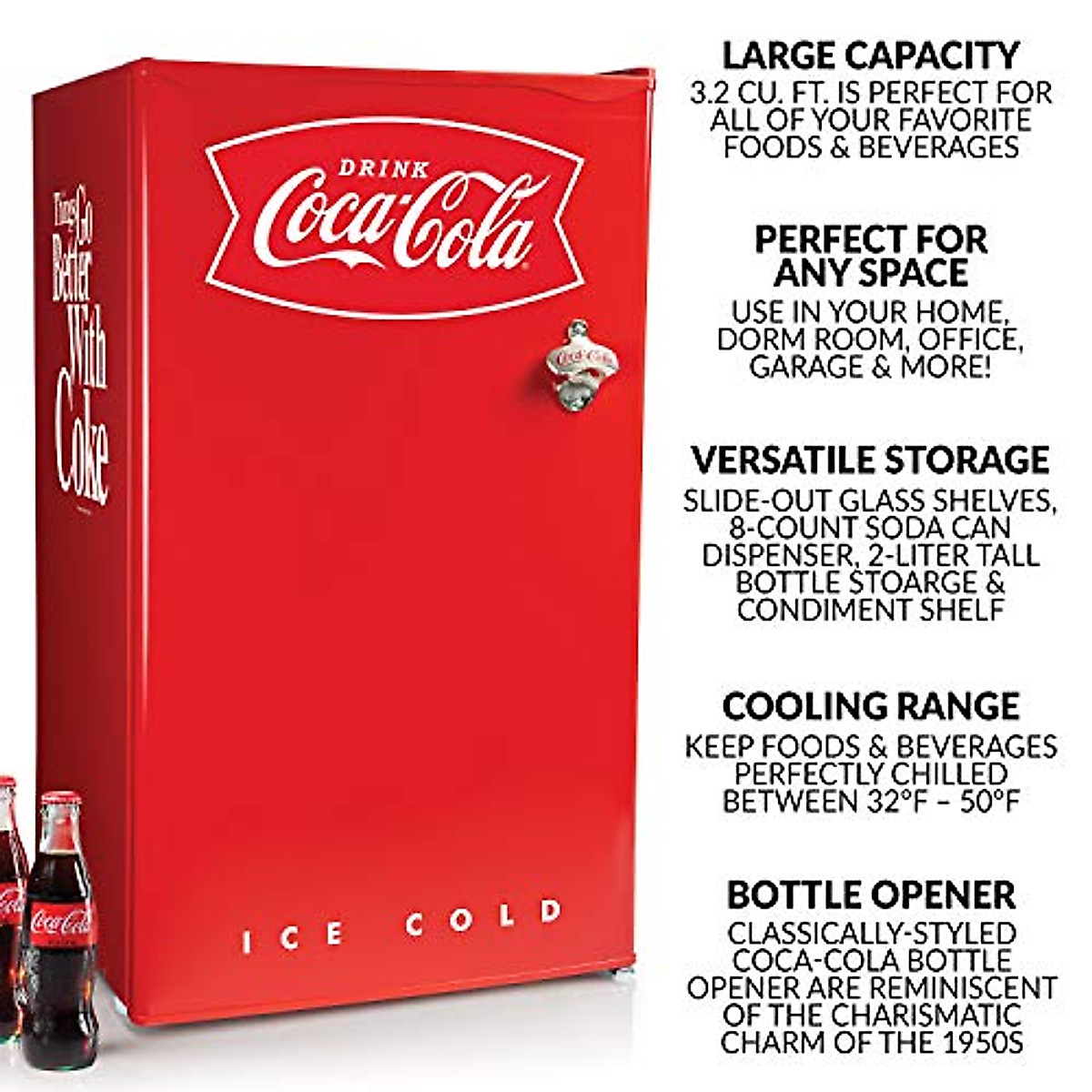 Nostalgia Coca-Cola CRF32CK 3.2 Cu. Ft. Refrigerator With Freezer Adjustable Temperature Cools as low as 32 Degrees, Bottle Opener, Ice Cube Tray, Scraper Included, Red