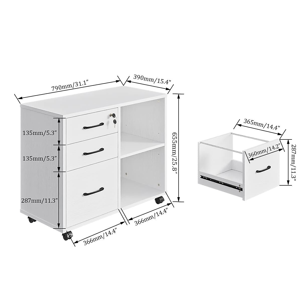 3 Drawer Office File Cabinets, Mobile Lateral Printer Stand with Open Storage Shelf, Rolling Filing Cabinet with Wheels Home Office Organization and Storage (White)