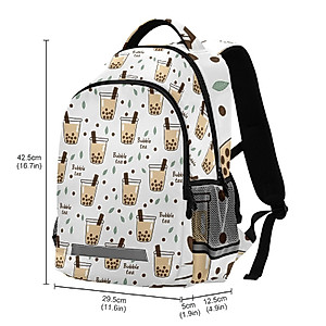 Bubble Tea Cup School Backpacks with Chest Strap for Teens Boys Girls,Lightweight Student Bookbags 17 Inch, Green Leaves Casual Daypack Schoolbags