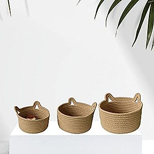 Woven Storage Baskets For Organizing – Set Of 3 Small, Medium & Large, Decorative Round Cotton Rope Basket For Home Decor With Cute Cat Ear Handles, Bins, Organization Box With Handle