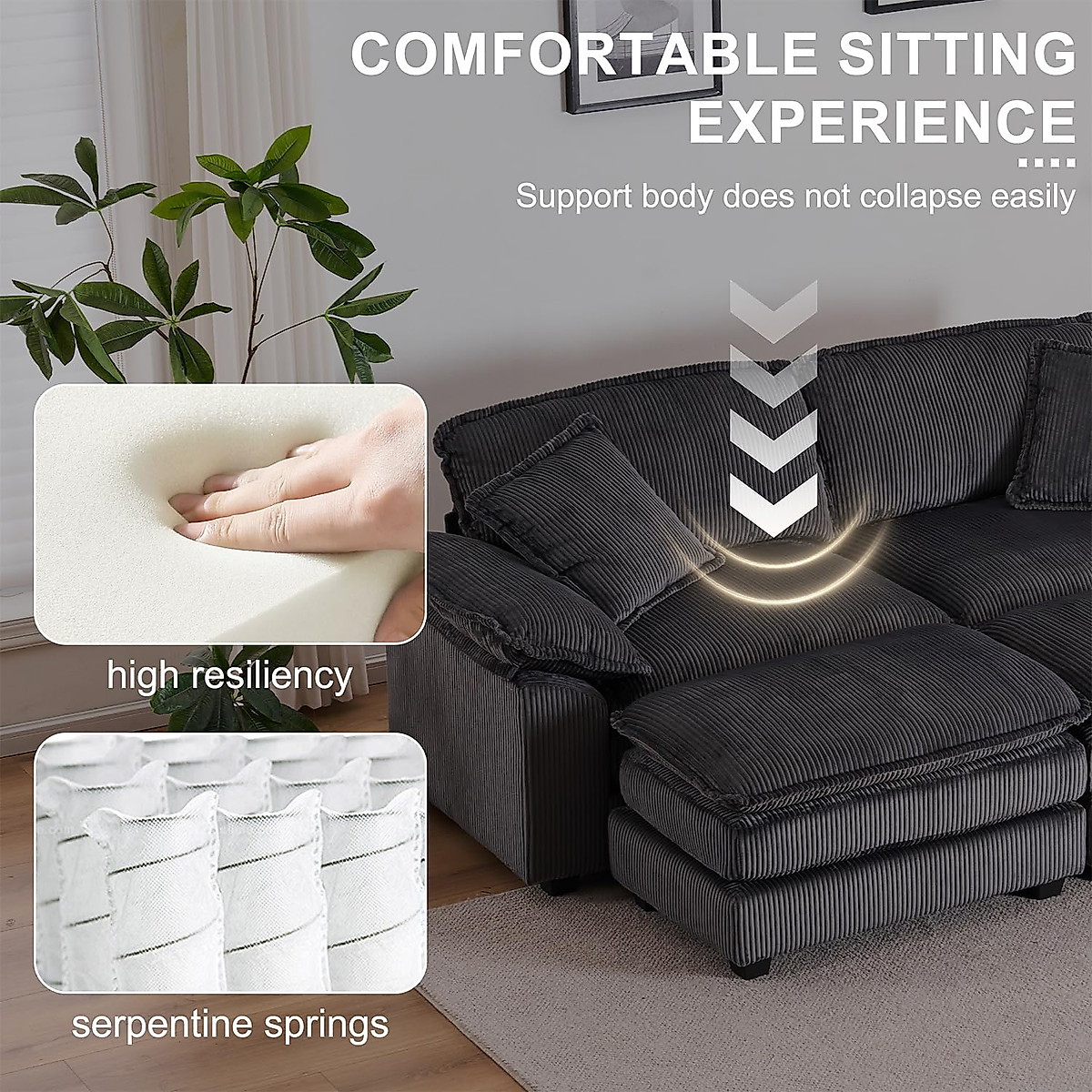 Corduroy Modular Sectional Couch, 84“ Width Oversize Loveseat Sofa, Comfy Plush Cloud Couch Lounge Chair with Ottomans and 2 Pillows for Small Spaces, Living Room, Bedroom, Office (Grey)