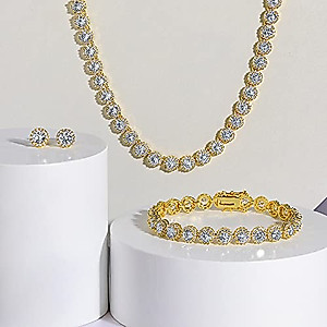 18K Gold Plated Cubic Zirconia Tennis Necklace/Bracelet/Earrings Sets for Women Men Halo Jewelry Pack of 3