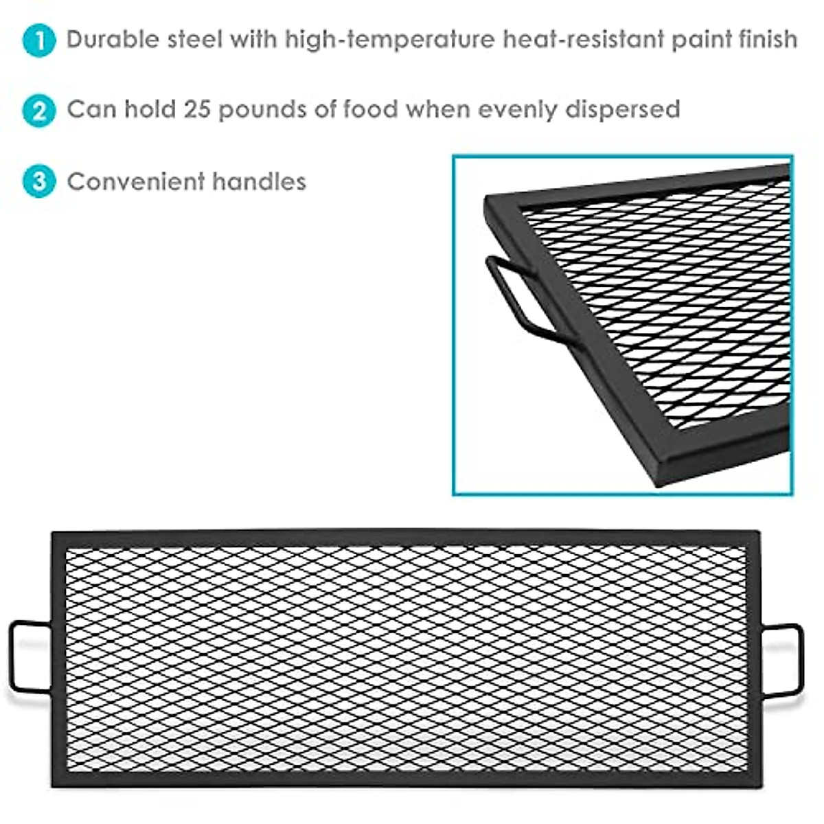 Sunnydaze X-Marks Fire Pit Cooking Grate - Outdoor Rectangle Black Steel BBQ Campfire Grill with Handles - 40-Inch